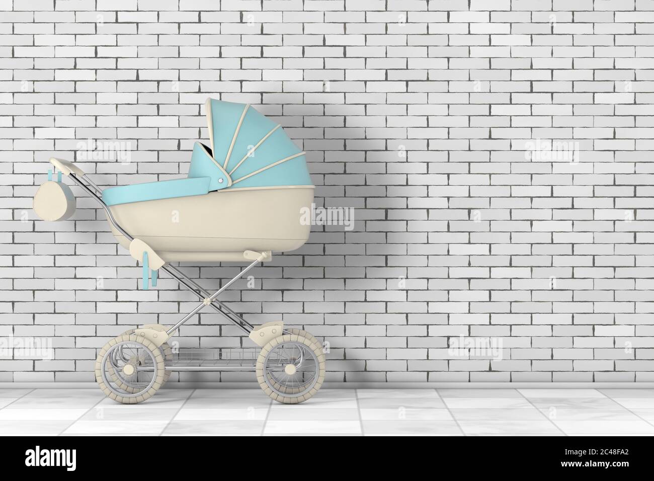 Modern Blue Baby Carriage, Stroller, Pram in front of brick wall. 3d ...