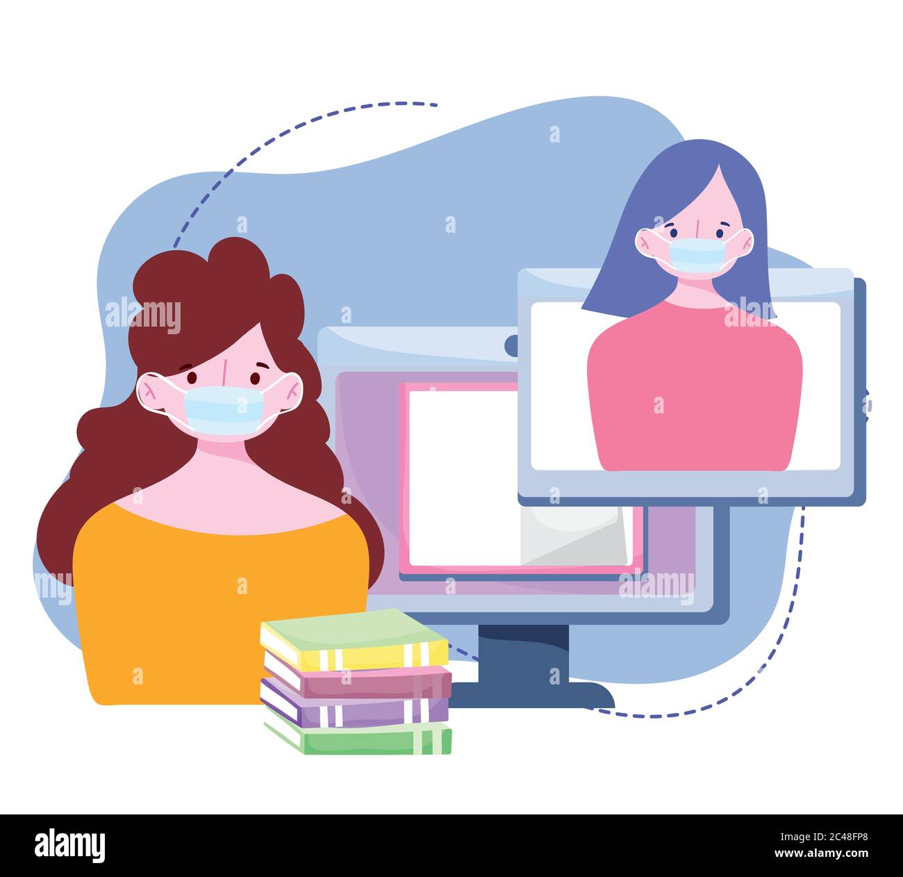 online training, people wearing mask virtual class with books, courses ...