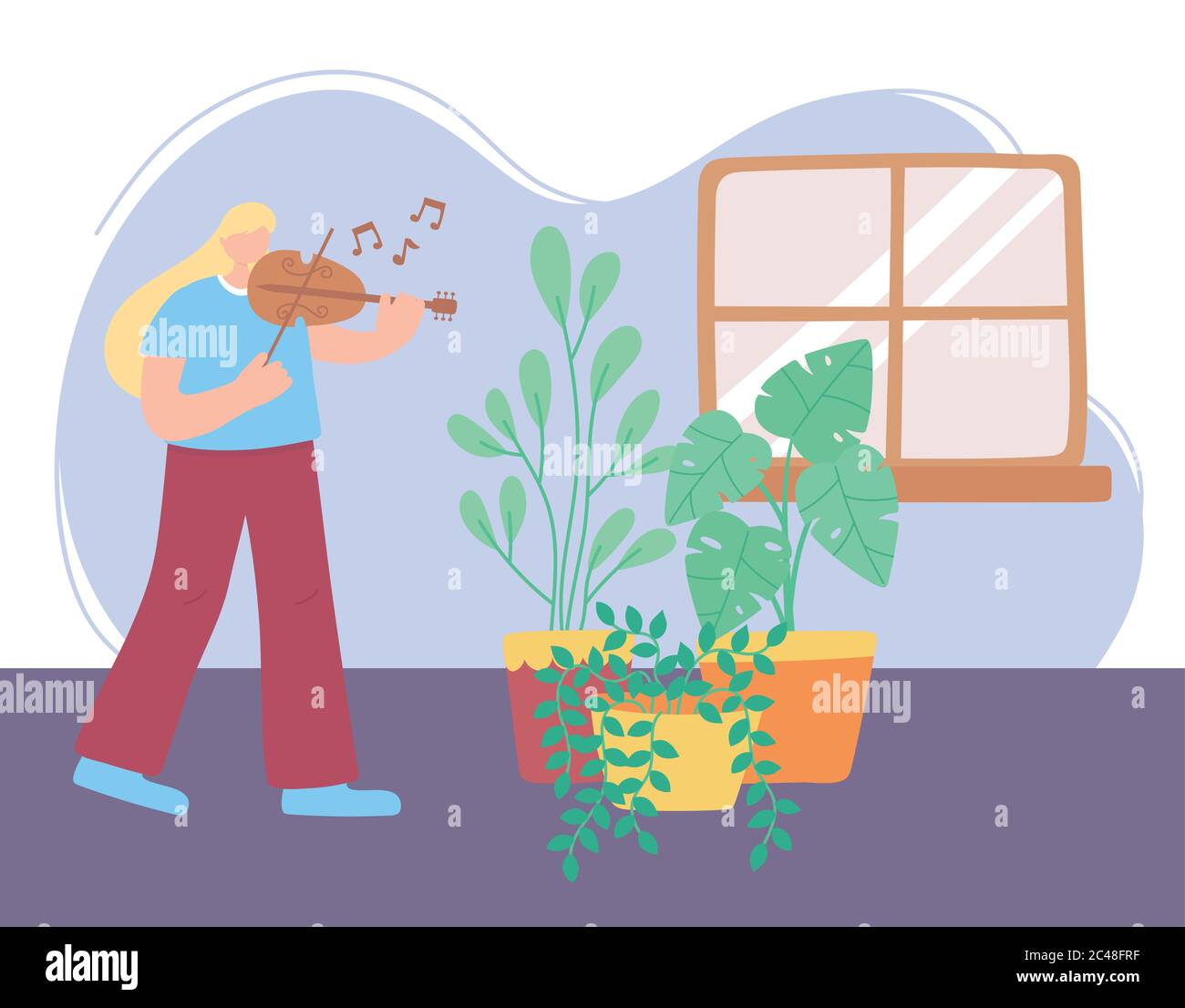 stay at home, girl playing fiddle in room with plants, self isolation ...