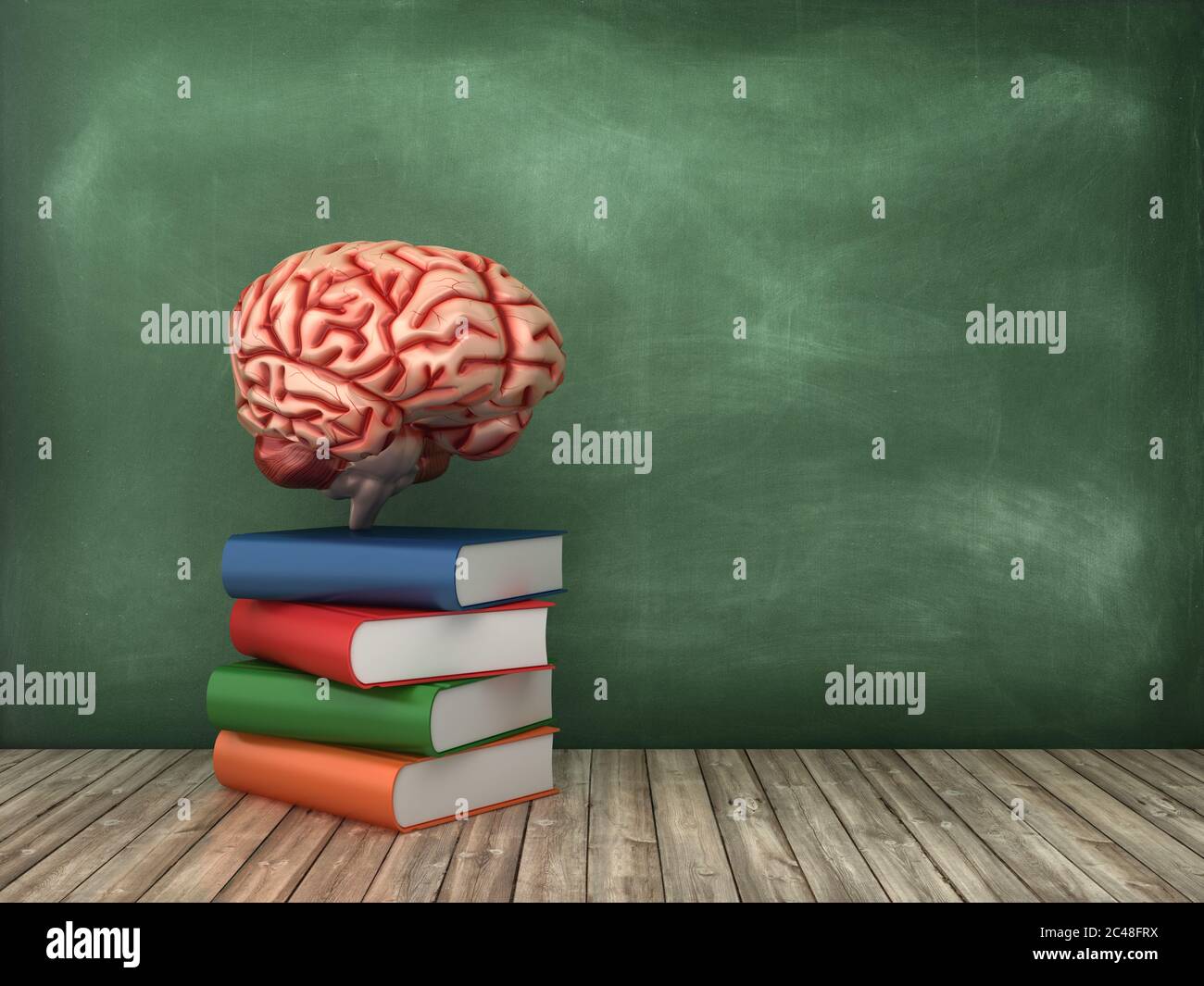 3D rendering illustration of a stack of books and a brain over it Stock ...