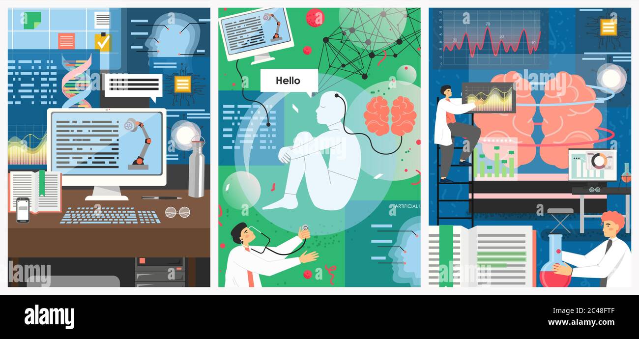 Artificial intelligence technology vector poster template set Stock ...