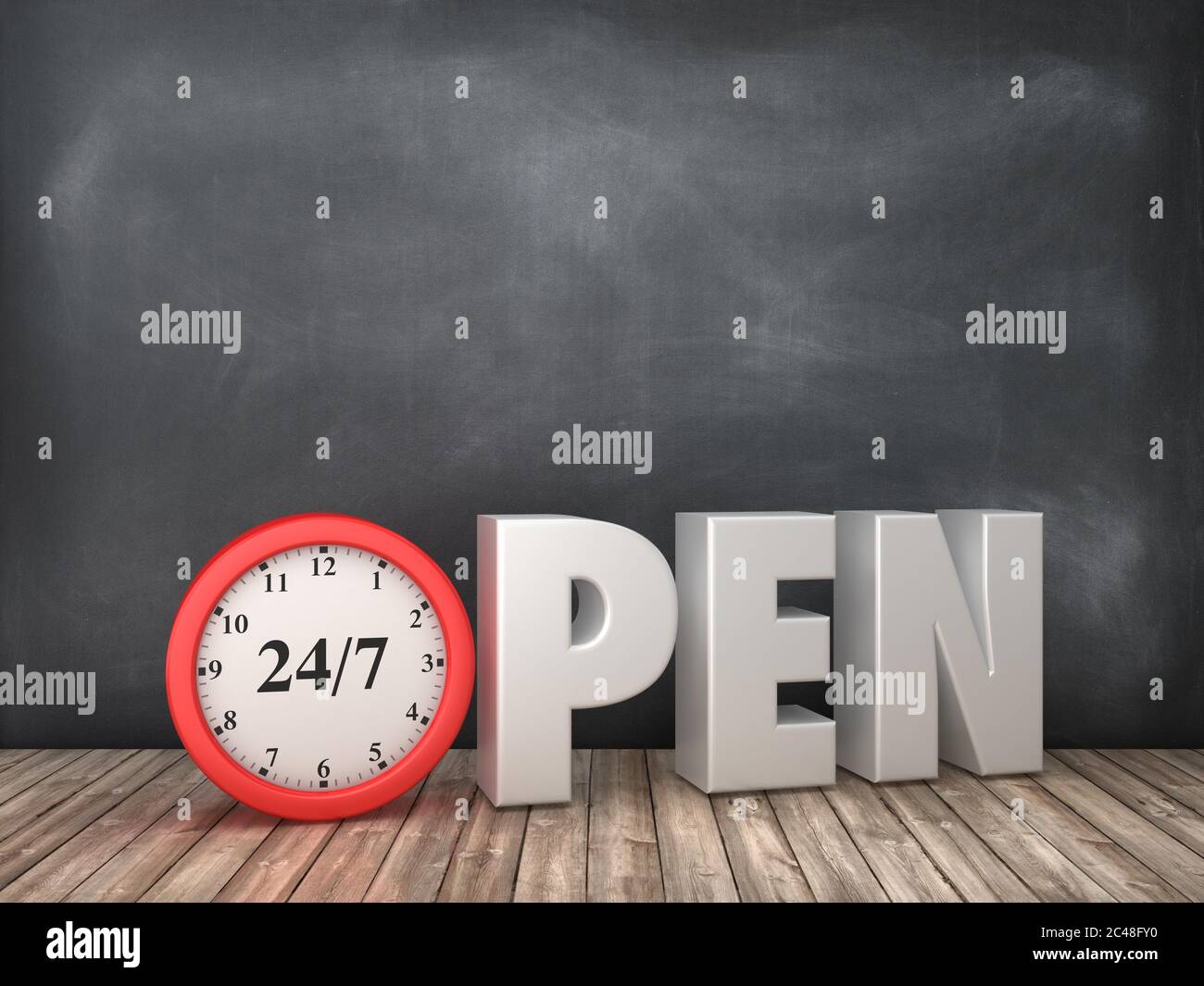 3D rendering illustration word open with white letters on a wooden ...