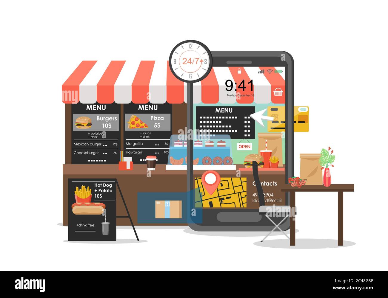 Online fast food ordering and delivery, vector flat illustration Stock ...