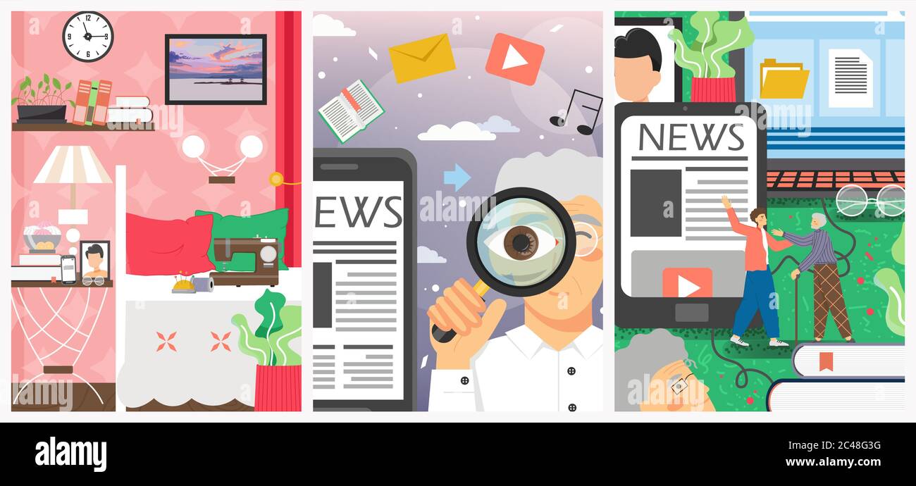 Adults embracing new technologies vector poster template set Stock ...