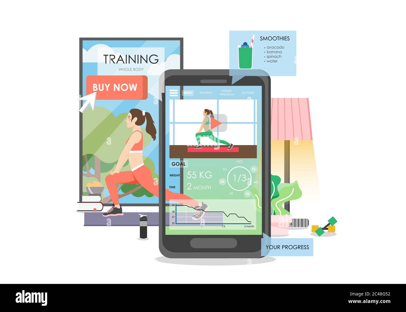 Fitness and weight loss mobile app, vector flat illustration Stock ...