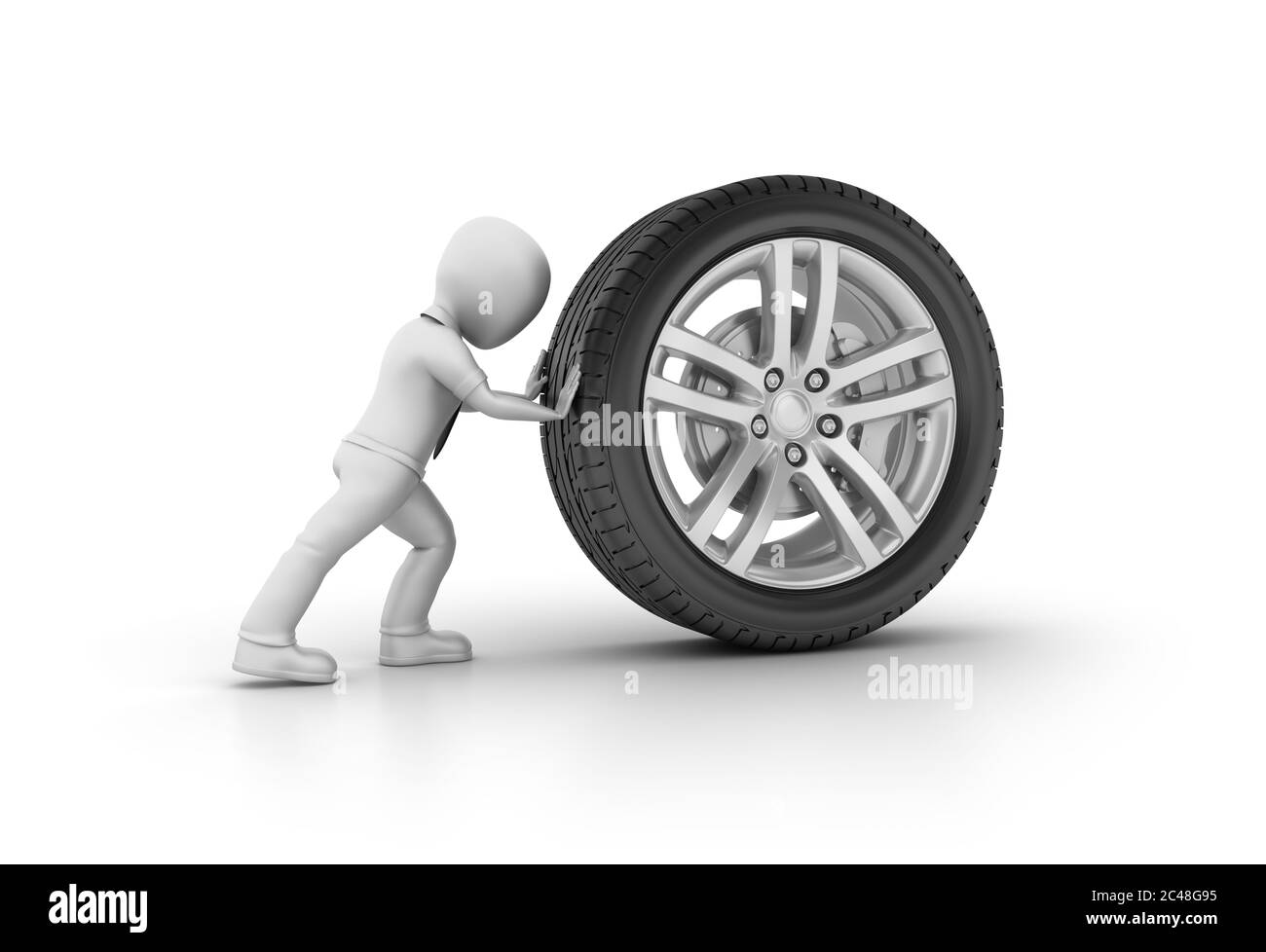3D rendering illustration of man icon moving a car wheel isolated on a ...