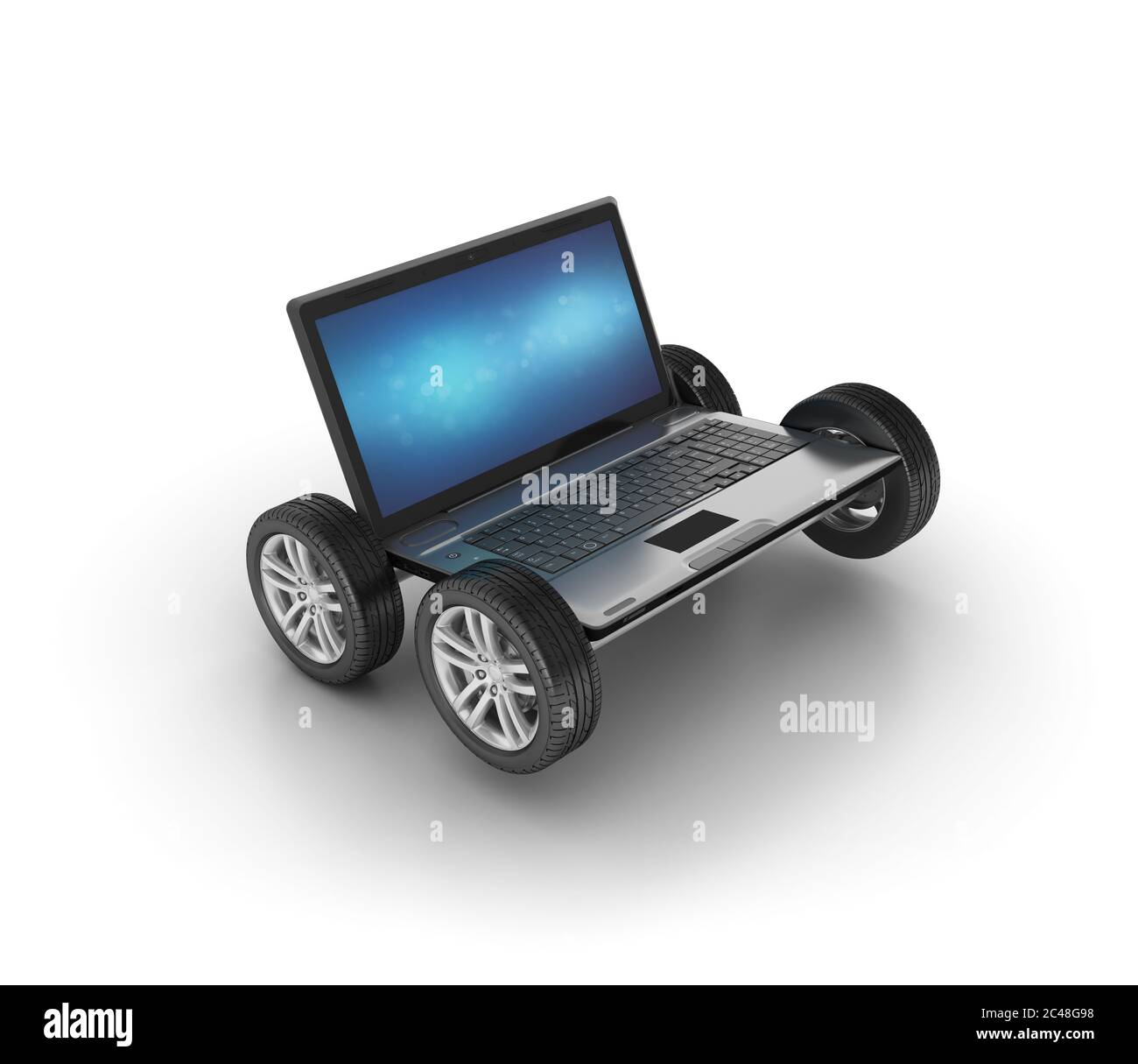3D rendering illustration of a laptop with car wheels isolated on a ...