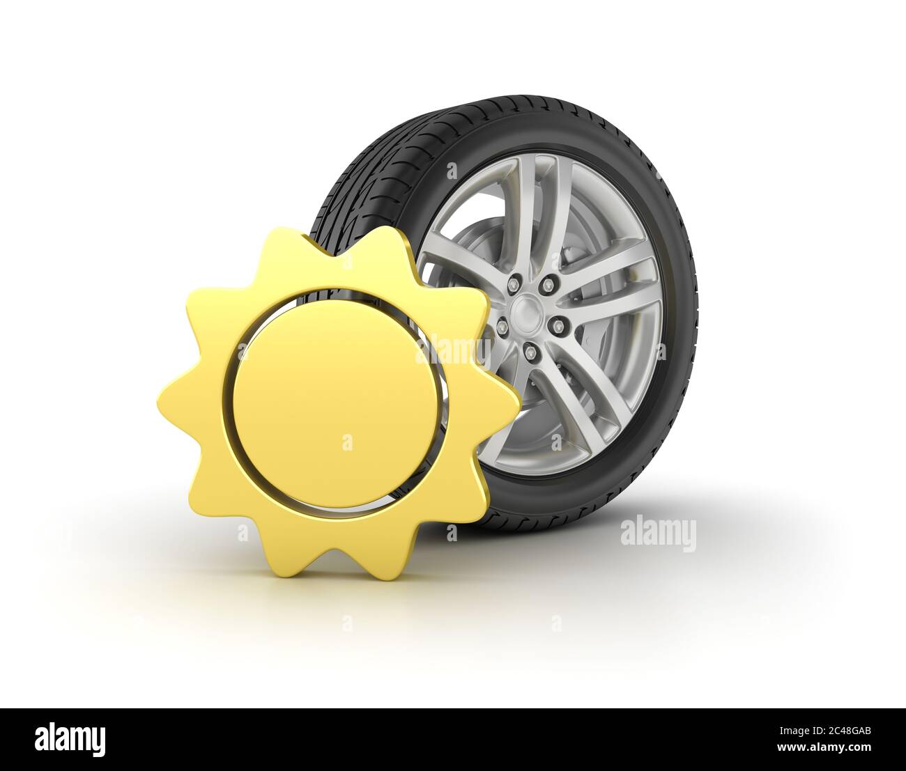 Wheel with a black tire and a sun icon isolated on the white background ...