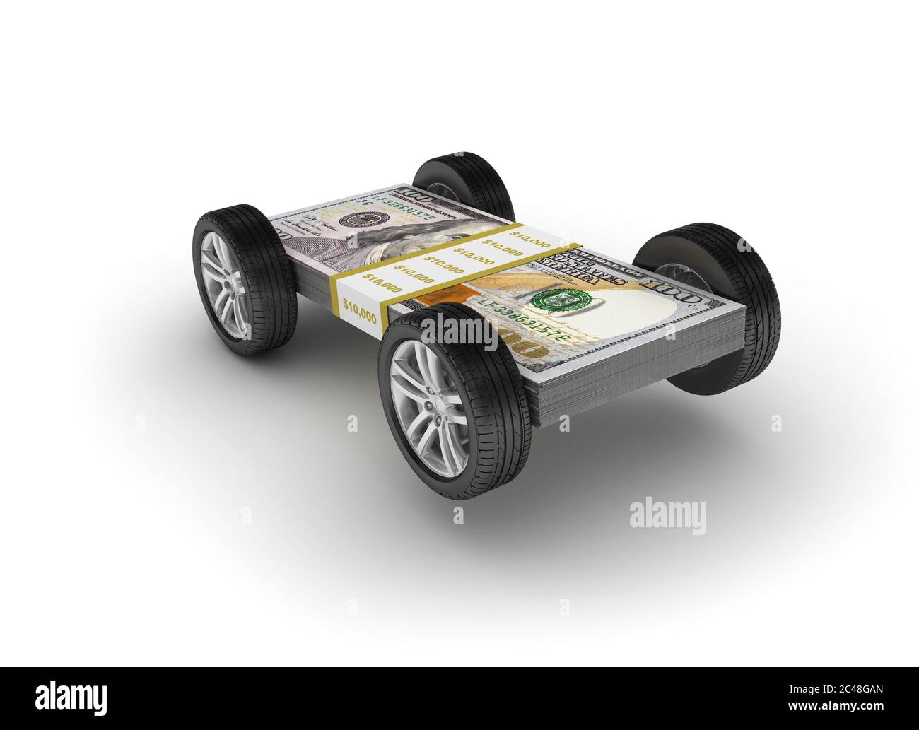 3D rendering illustration of dollar bills on car wheels isolated on the ...