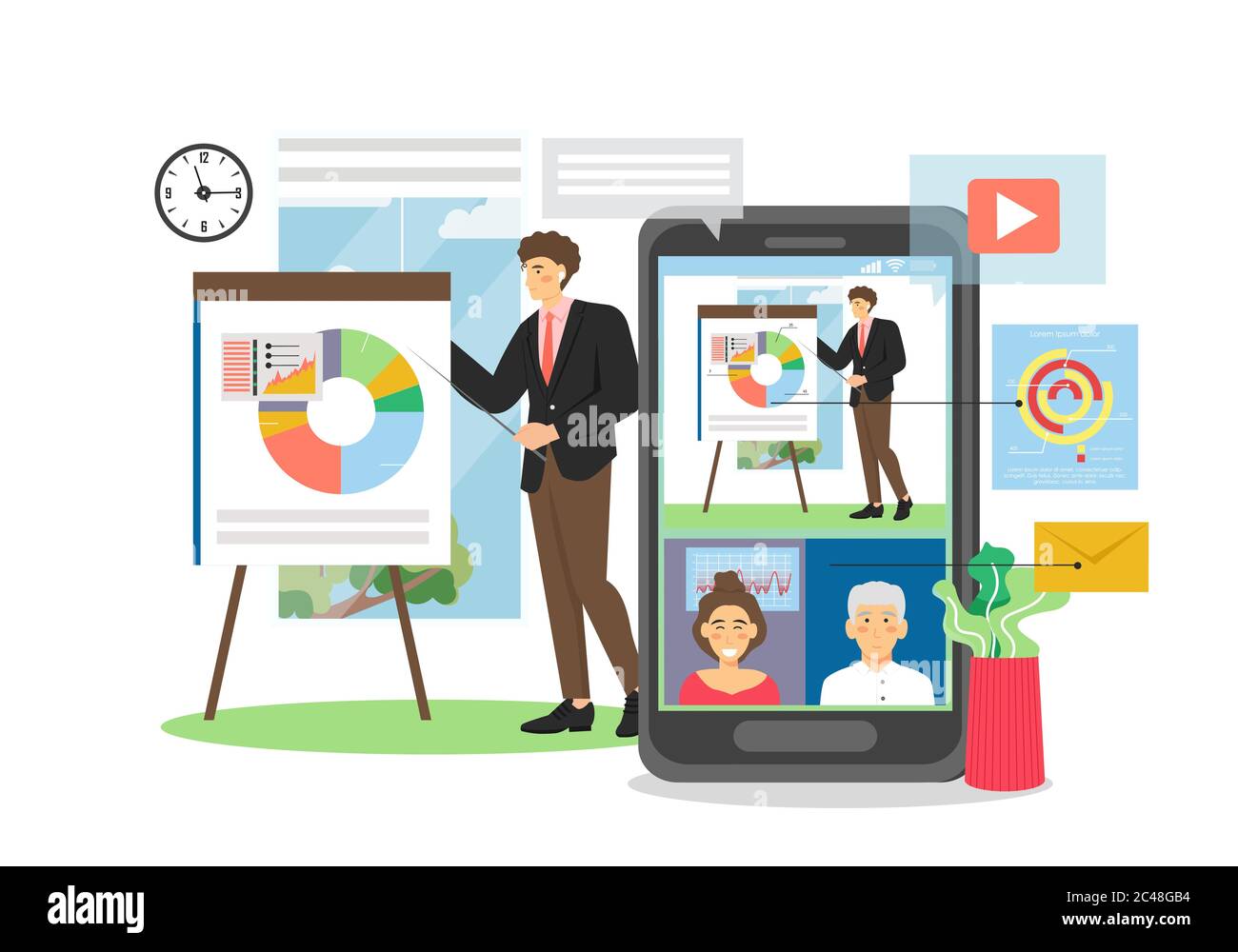 Business presentation, webinar on mobile device, vector flat ...