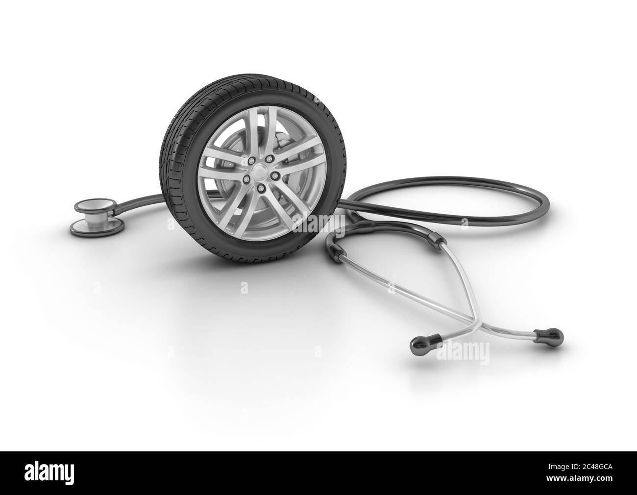 3D rendering illustration of a car wheel and a stethoscope isolated on ...