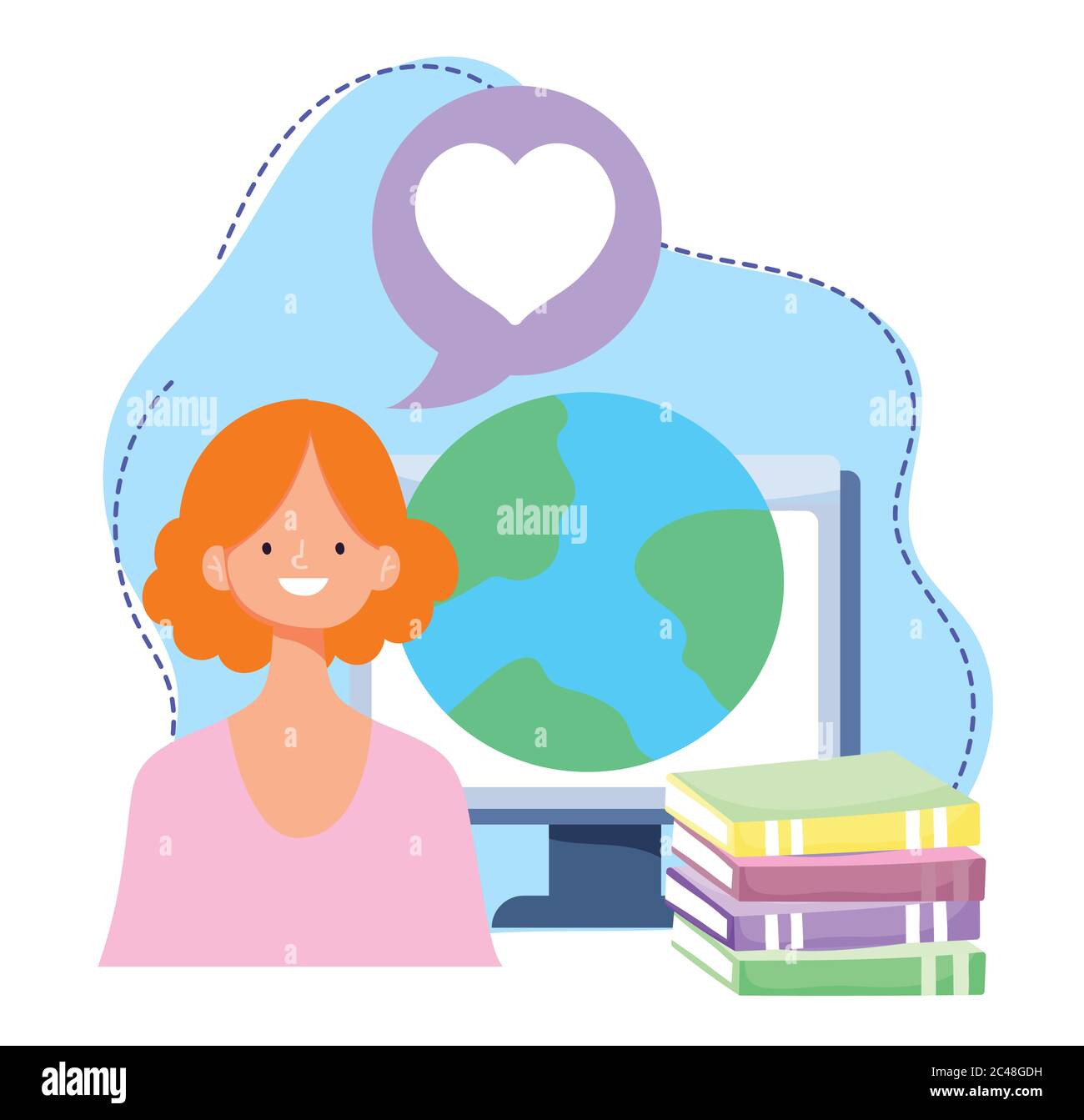 online training, woman with computer world and books, courses knowledge ...