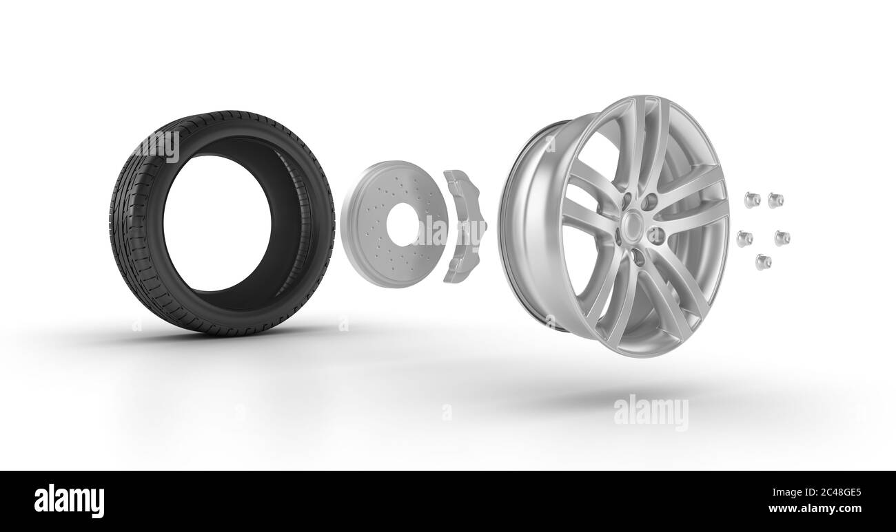 3D rendering illustration of car wheel parts an isolated on a white ...