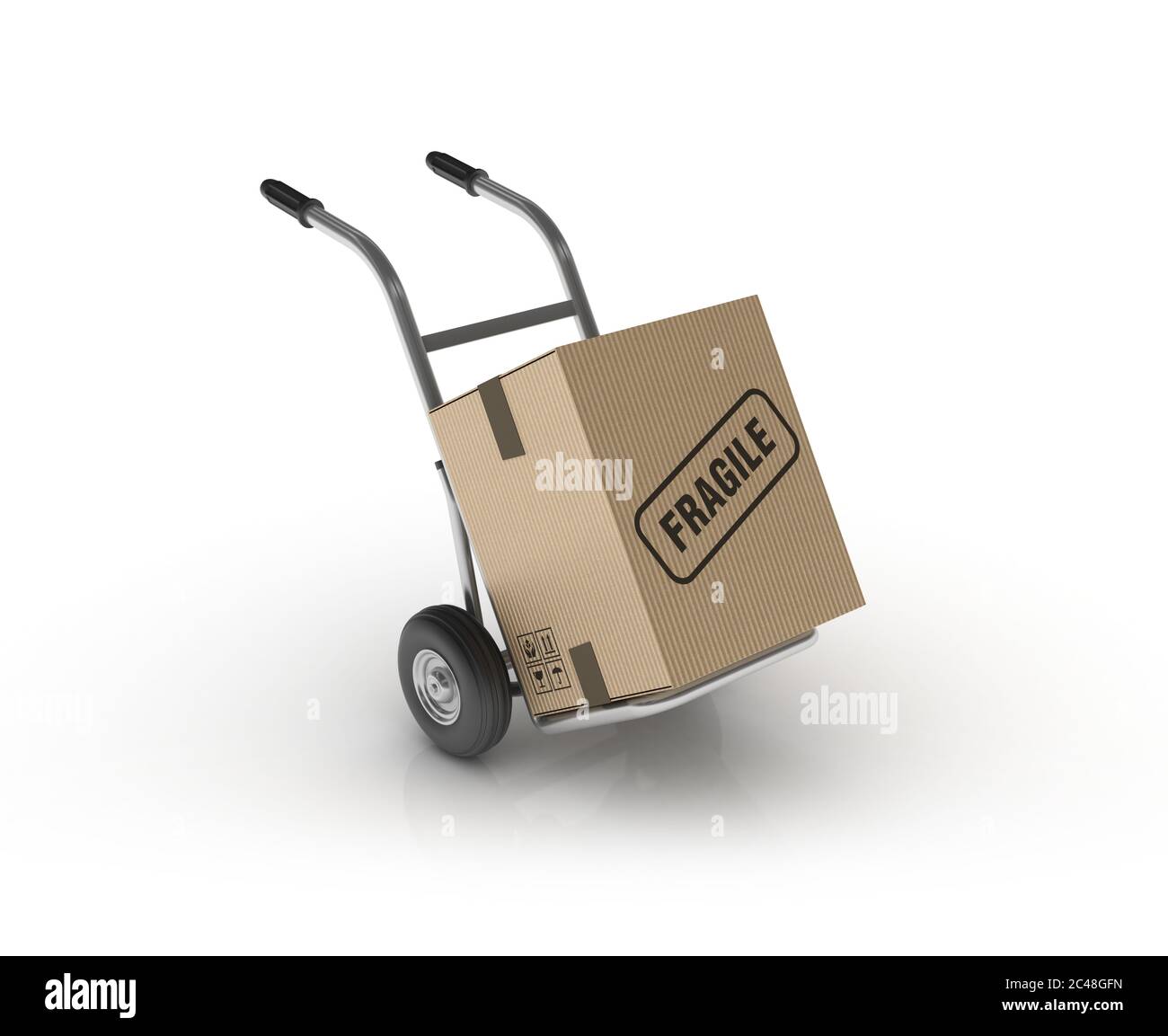 3D rendering illustration of a hand truck with a fragile cardboard box Stock Photo - Alamy
