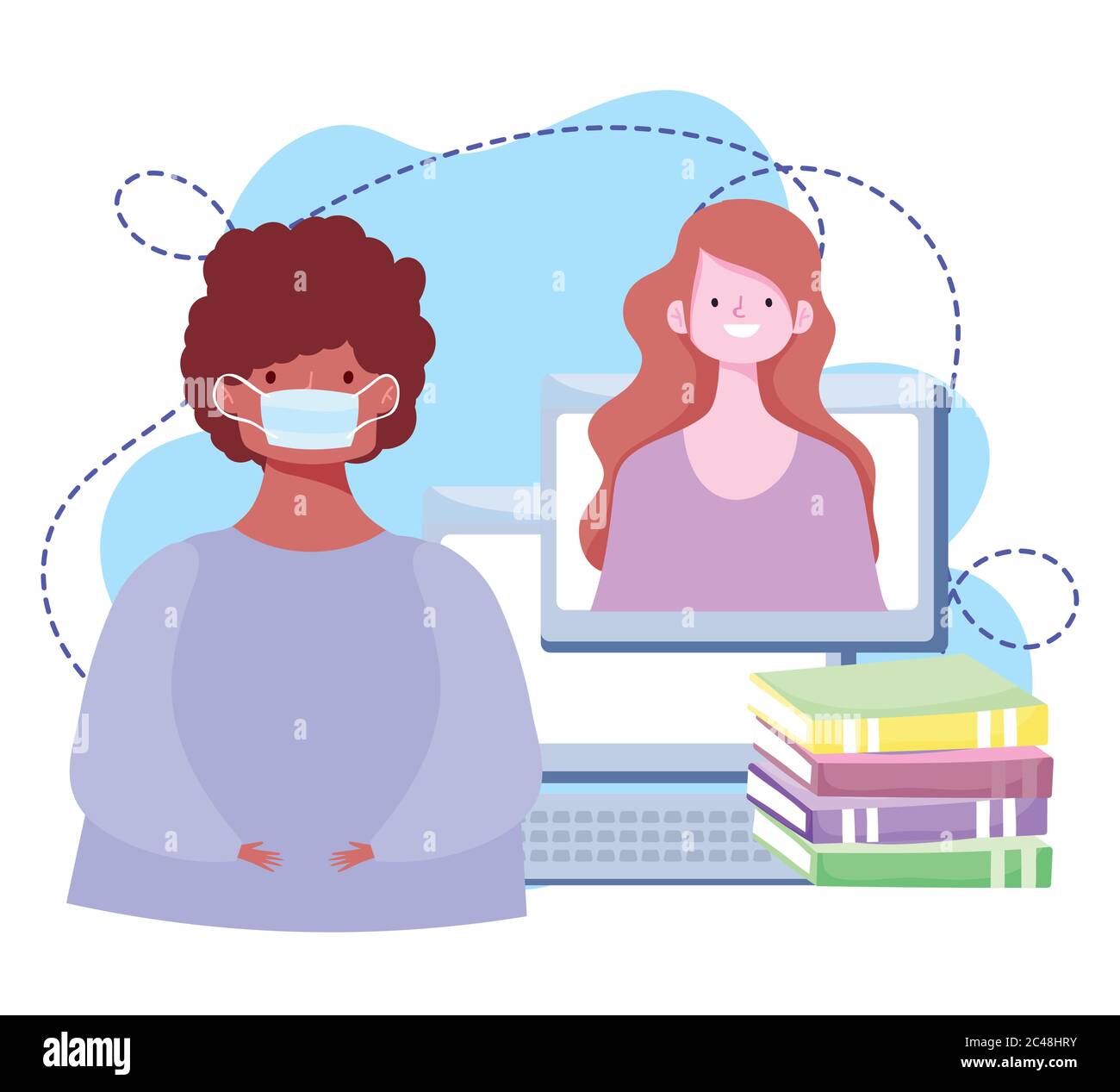 online training, student with mask and teacher video laptop books ...