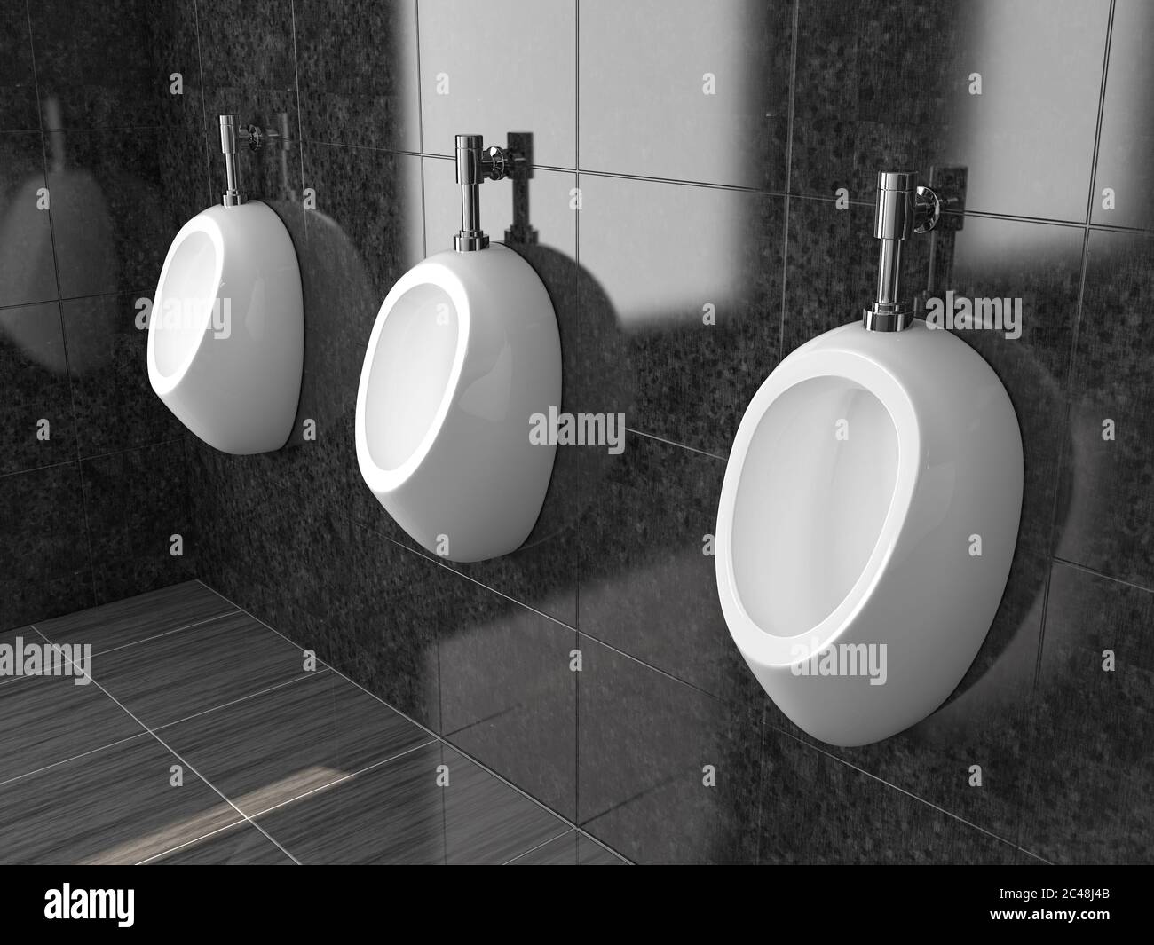 White ceramic urinals. On black tiles background. Public toilet. 3d ...