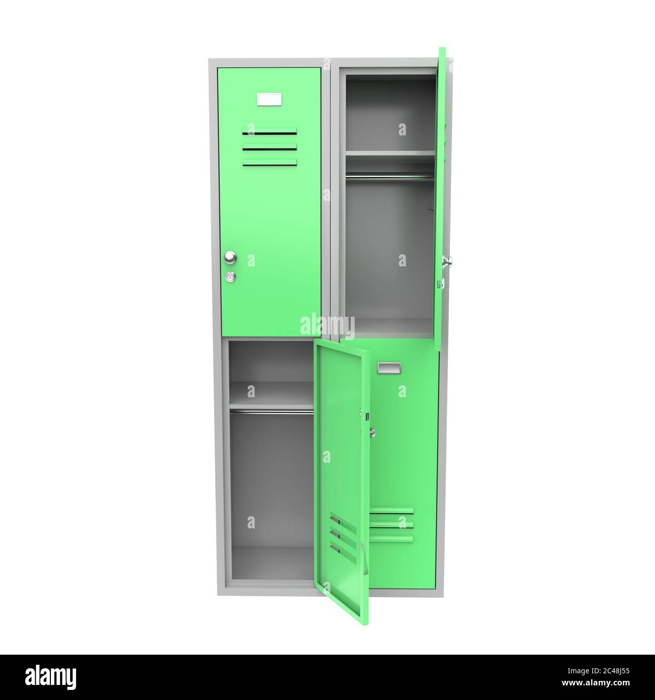 Green metal locker with open doors. Two level compartment. 3d rendering ...