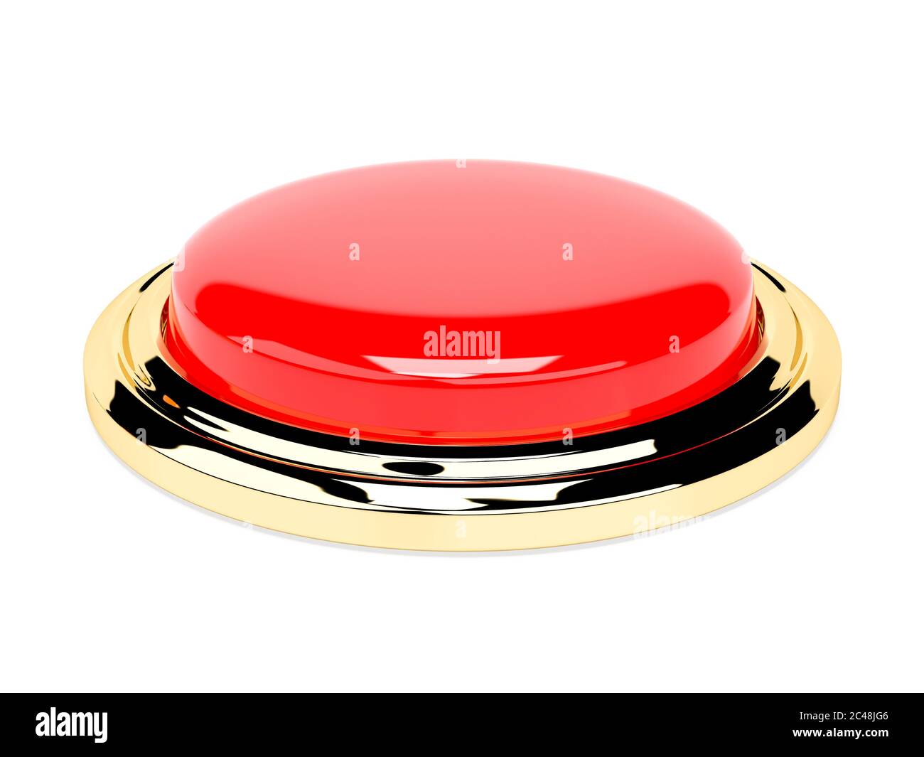 Red push button with golden frame. Shiny 3d element. 3d rendering ...