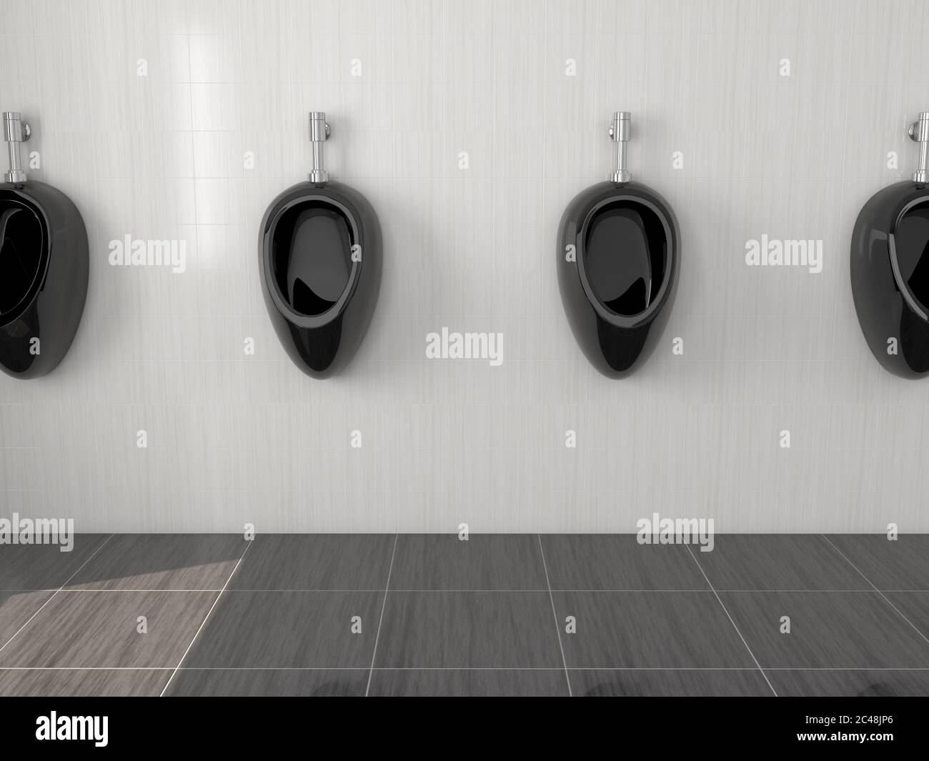 Black ceramic urinals hanging on the wall in public toilet. Front view ...