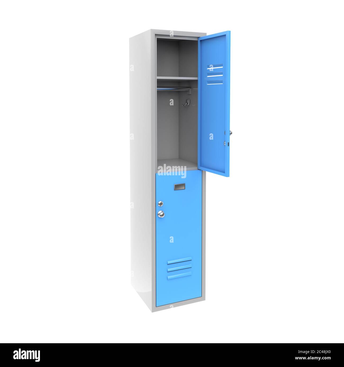 Blue metal locker. Two level compartment. 3d rendering illustration ...