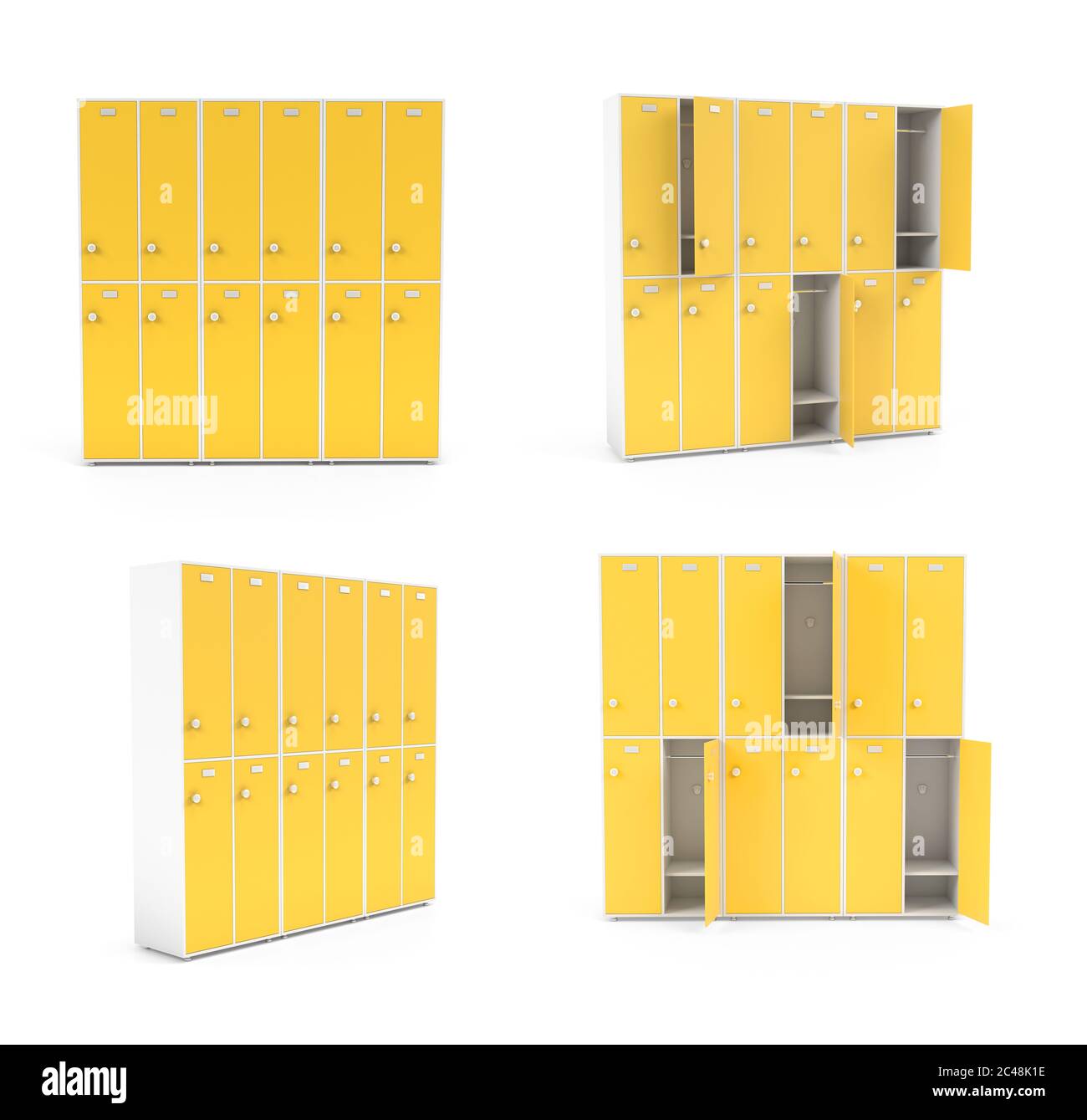 Yellow lockers for schoool or gym. Set of closed and open sections ...