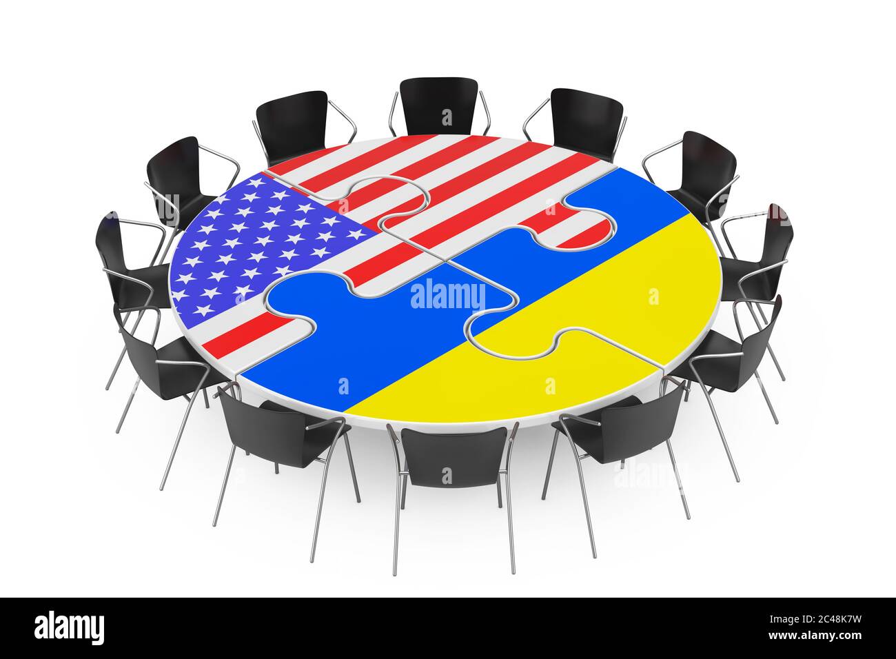 Chairs Around a Table in Puzzles Shape and USA and Ukraine Flags on a ...
