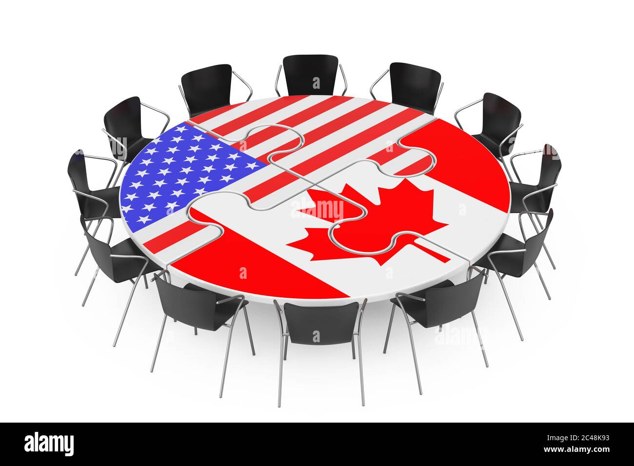 Chairs Around a Table in Puzzles Shape and USA and Canada Flags on a ...