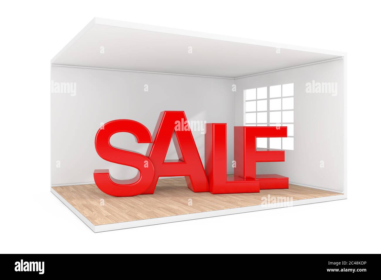 Sale Sign in Room Interior with Large Window and Wooden Parquet Floor ...