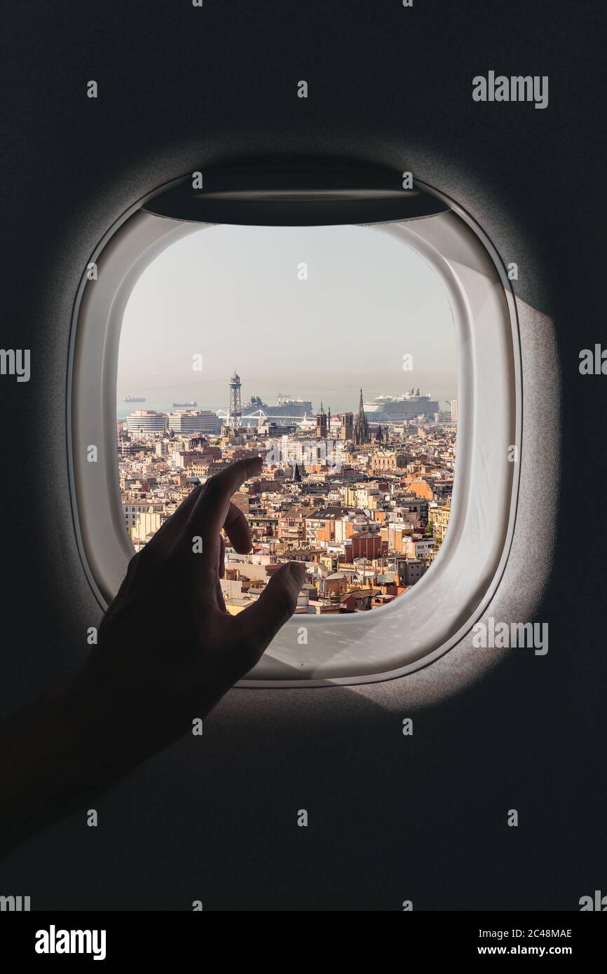 Airplane window with a aerial panorama of Lisbon during a flight Stock ...