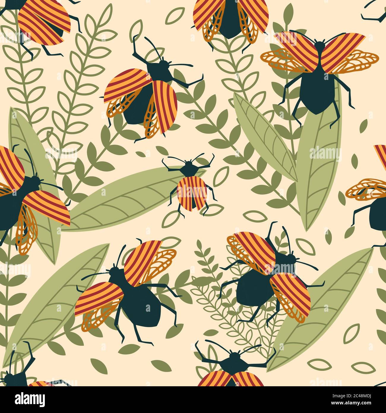 Seamless pattern of cartoon simple beetle collection colored insects ...