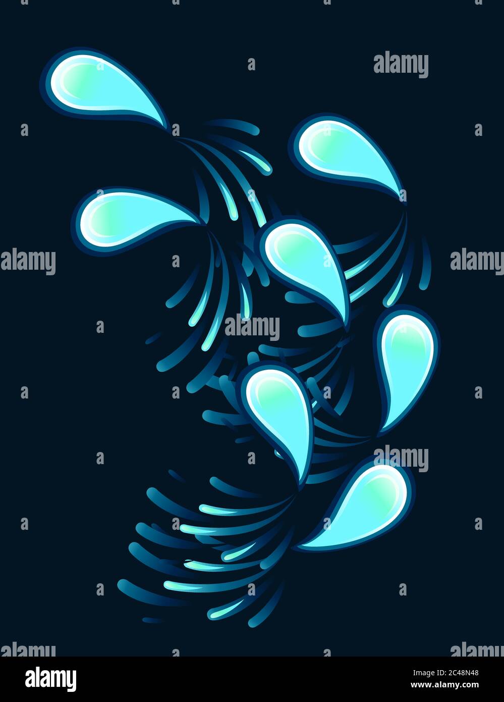 Blue abstract flat water drops flowing flat vector illustration on dark ...