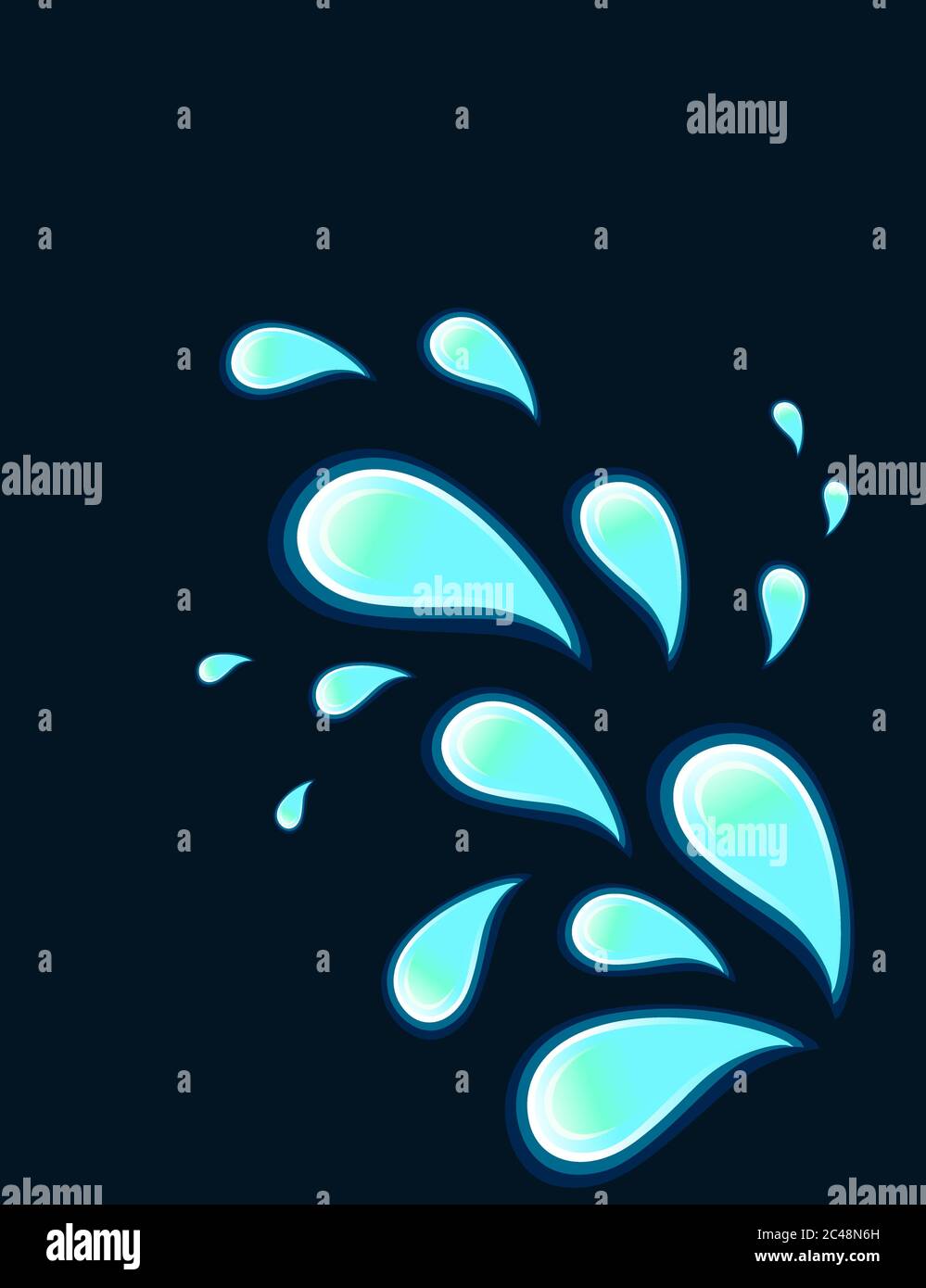Blue abstract flat water drops flowing flat vector illustration on dark ...