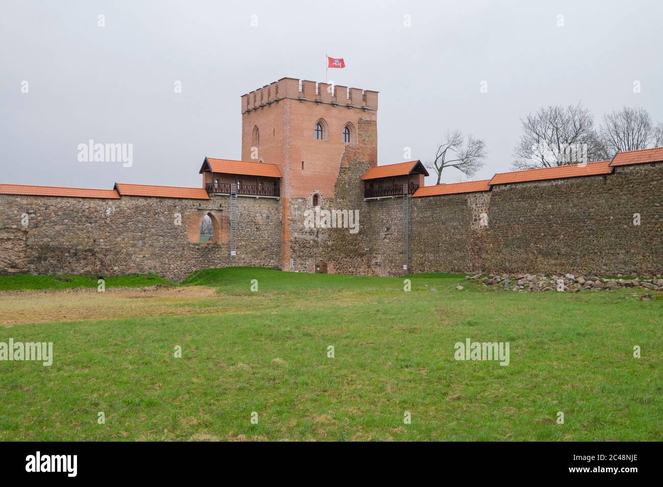 The view of a corner rampart at the old, medieval castle walls. In ...