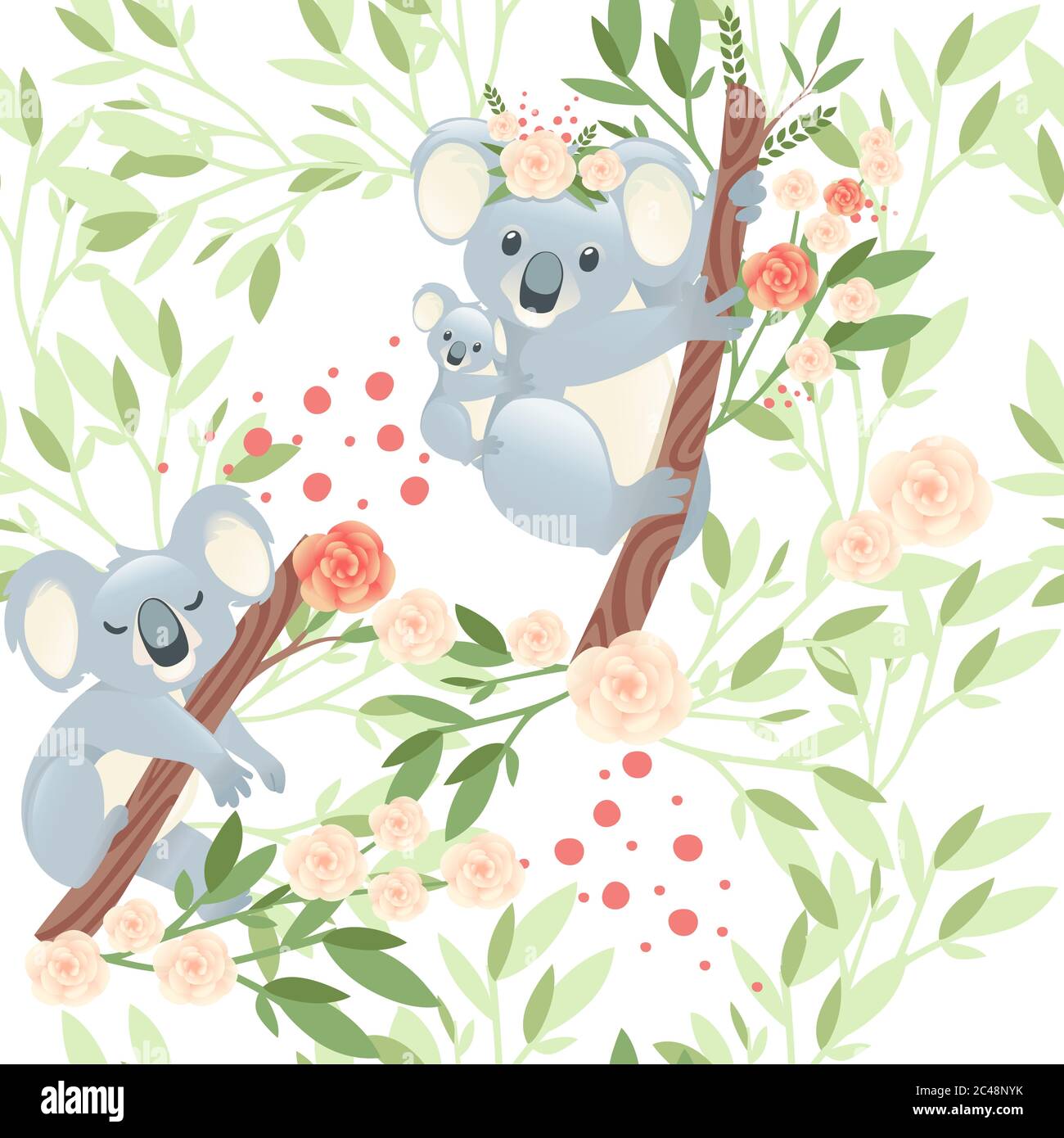 Seamless pattern cute gray female koala mother with small children flat ...