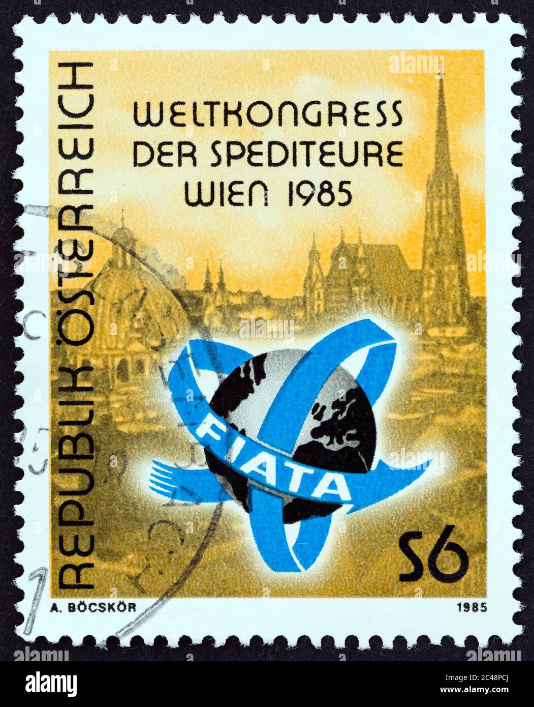 AUSTRIA - CIRCA 1985: A stamp printed in Austria shows emblem and view ...