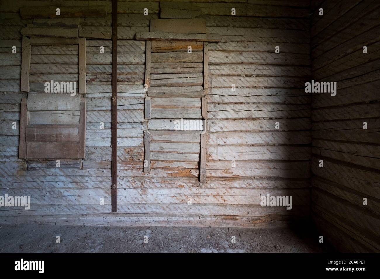 Interior of the old, wooden, unrestored, empty, abandoned Jewish ...