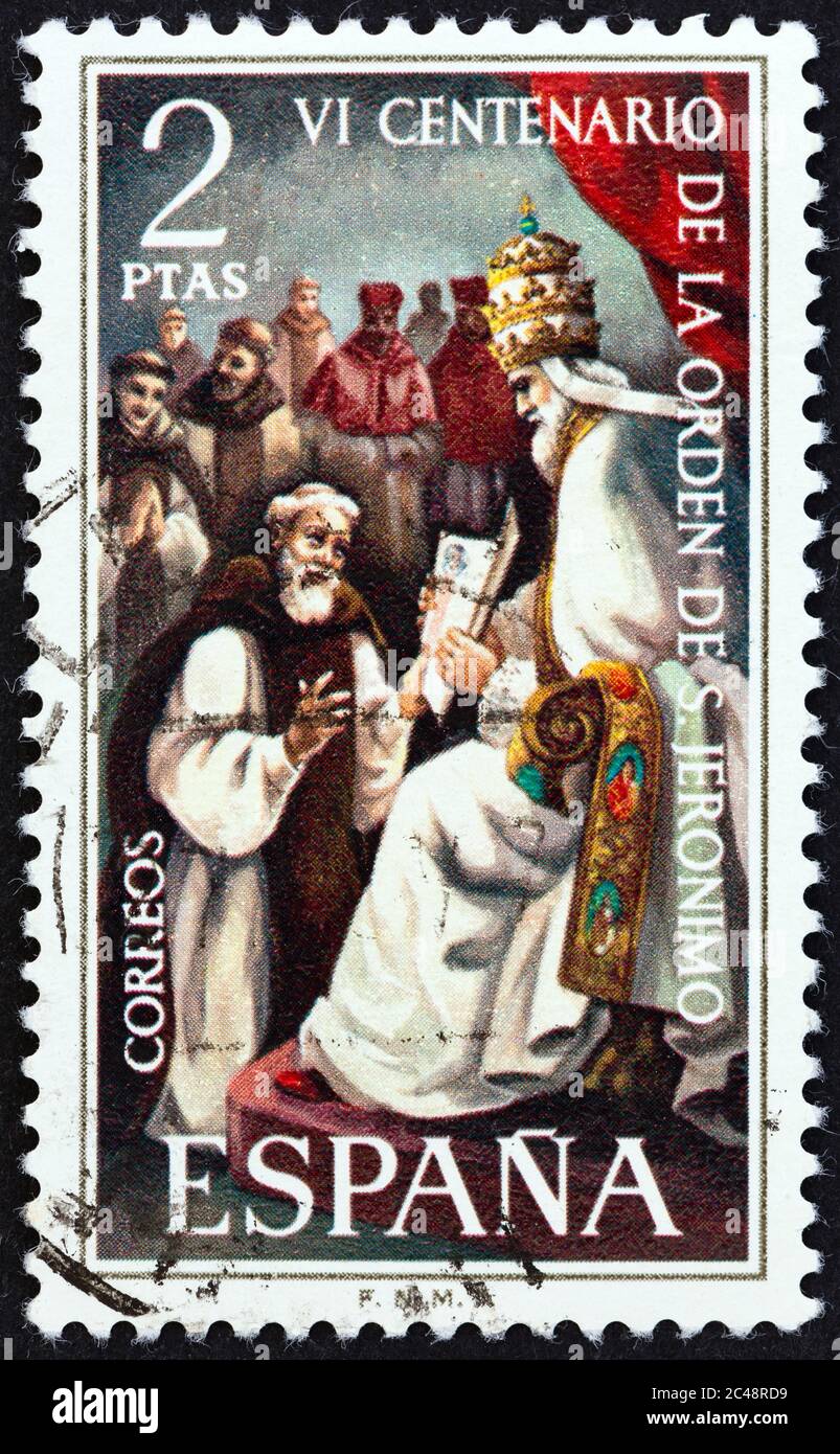 SPAIN - CIRCA 1973: A stamp printed in Spain Pope Gregory XI receiving ...