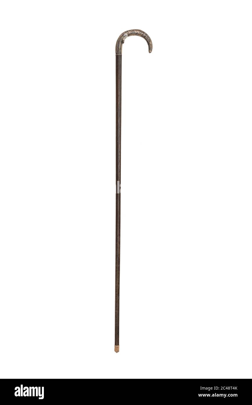 old original wooden and steel walking stick on white background Stock ...