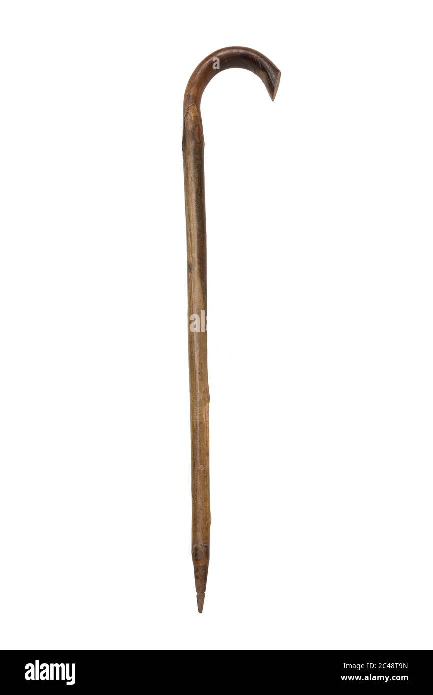 old original wooden and steel walking stick on white background Stock ...