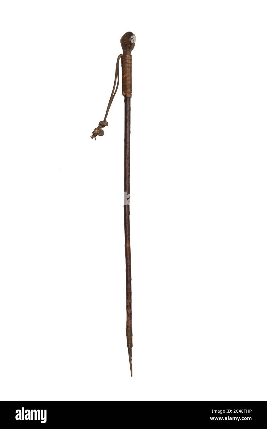 old original wooden and steel walking stick on white background Stock ...