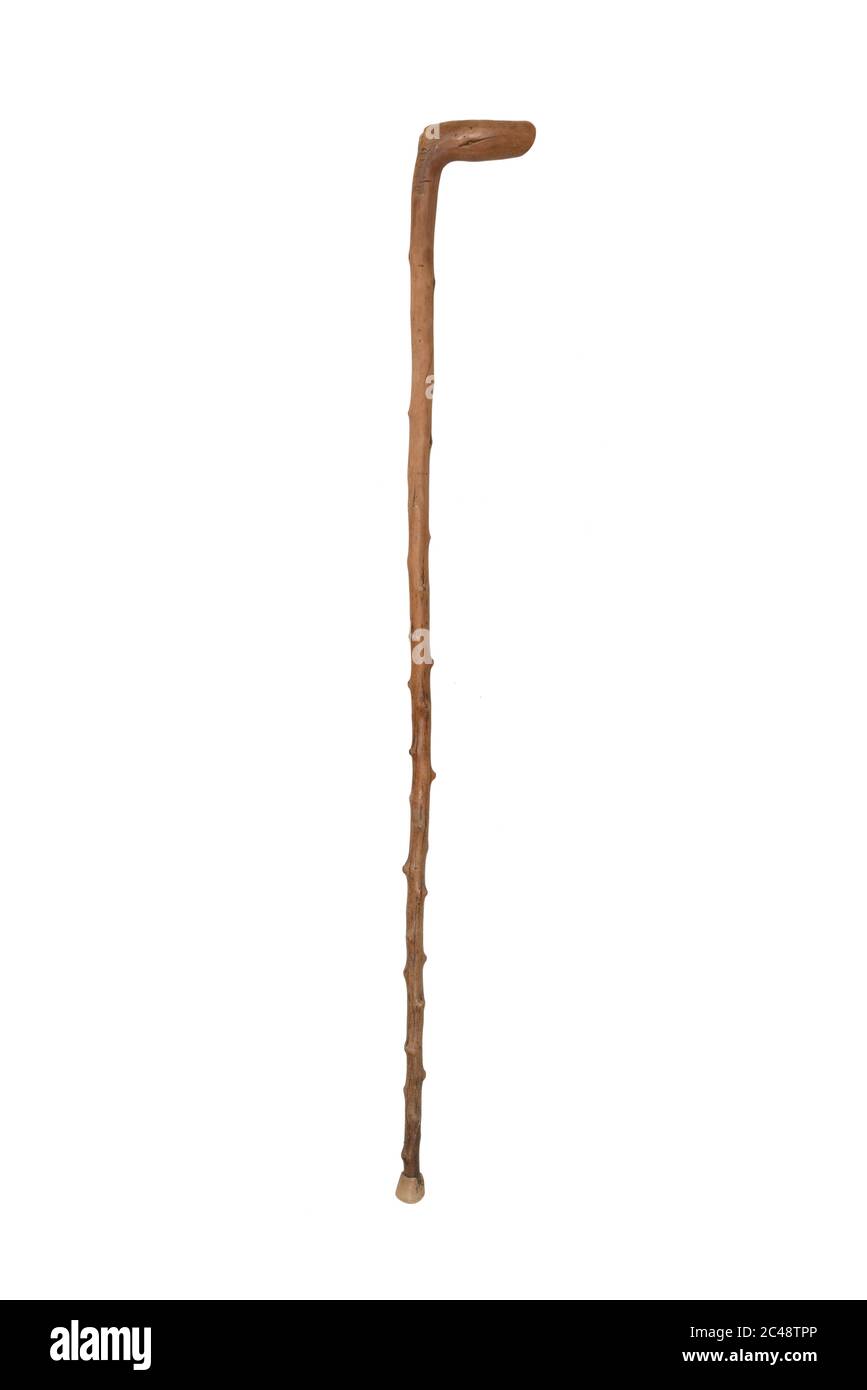 old original wooden and steel walking stick on white background Stock ...