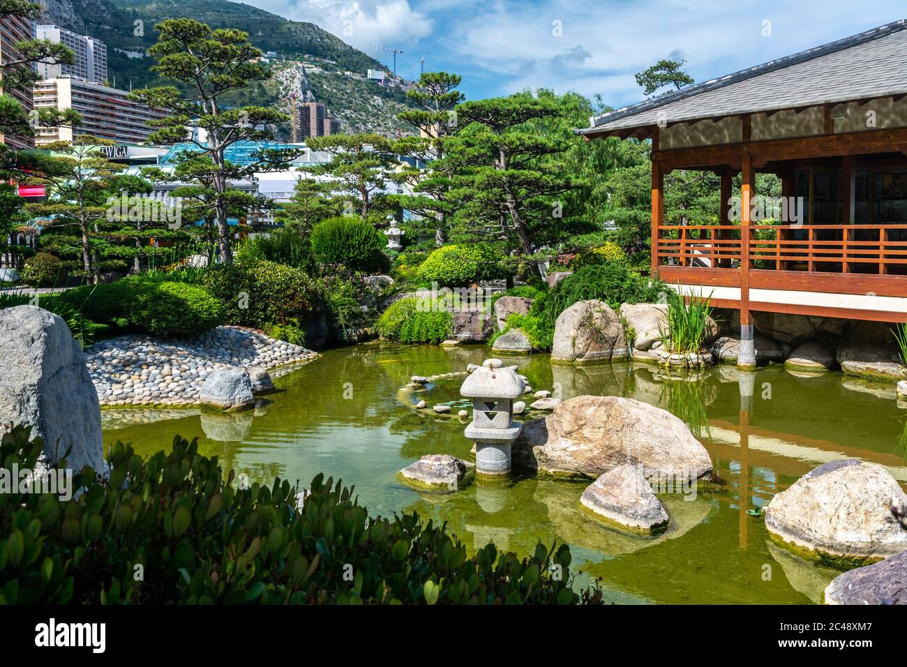 Monte Carlo, Monaco - June 13, 2019 : This Japanese garden in Monaco was created in 1994 in ...