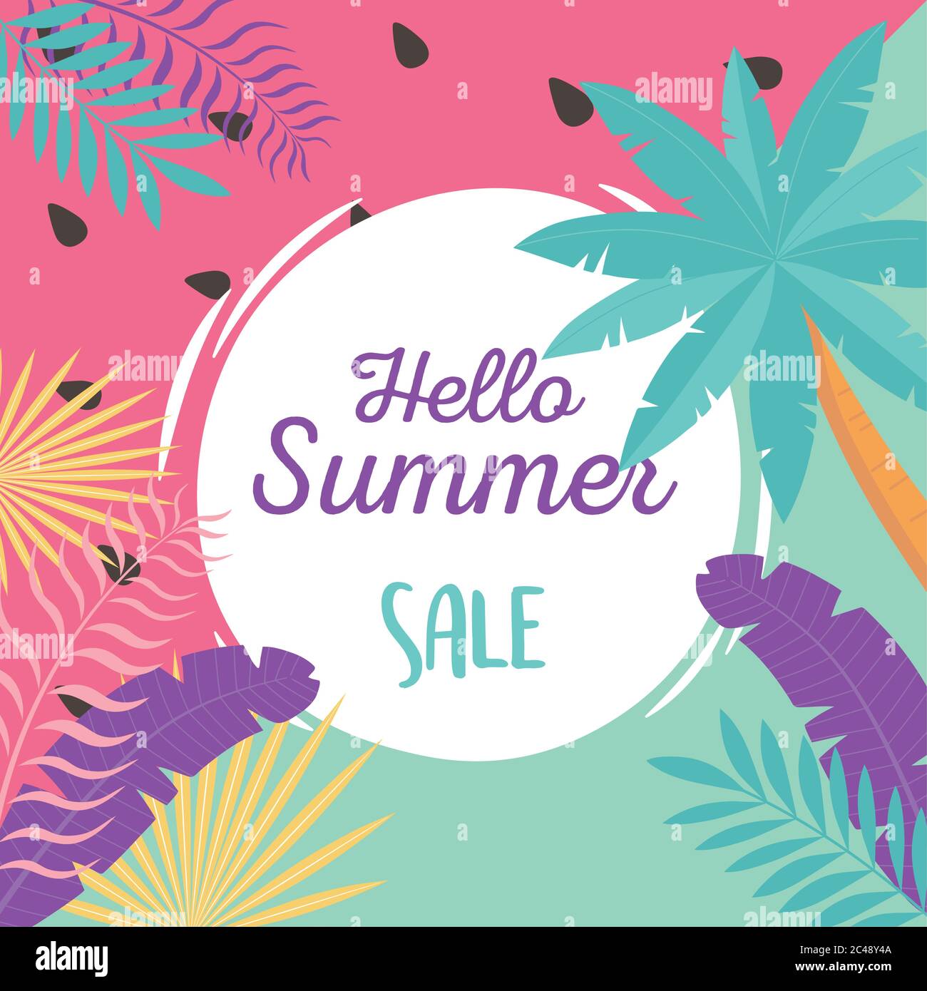 hello summer, tropical leaves foliage exotic badge watermelon ...