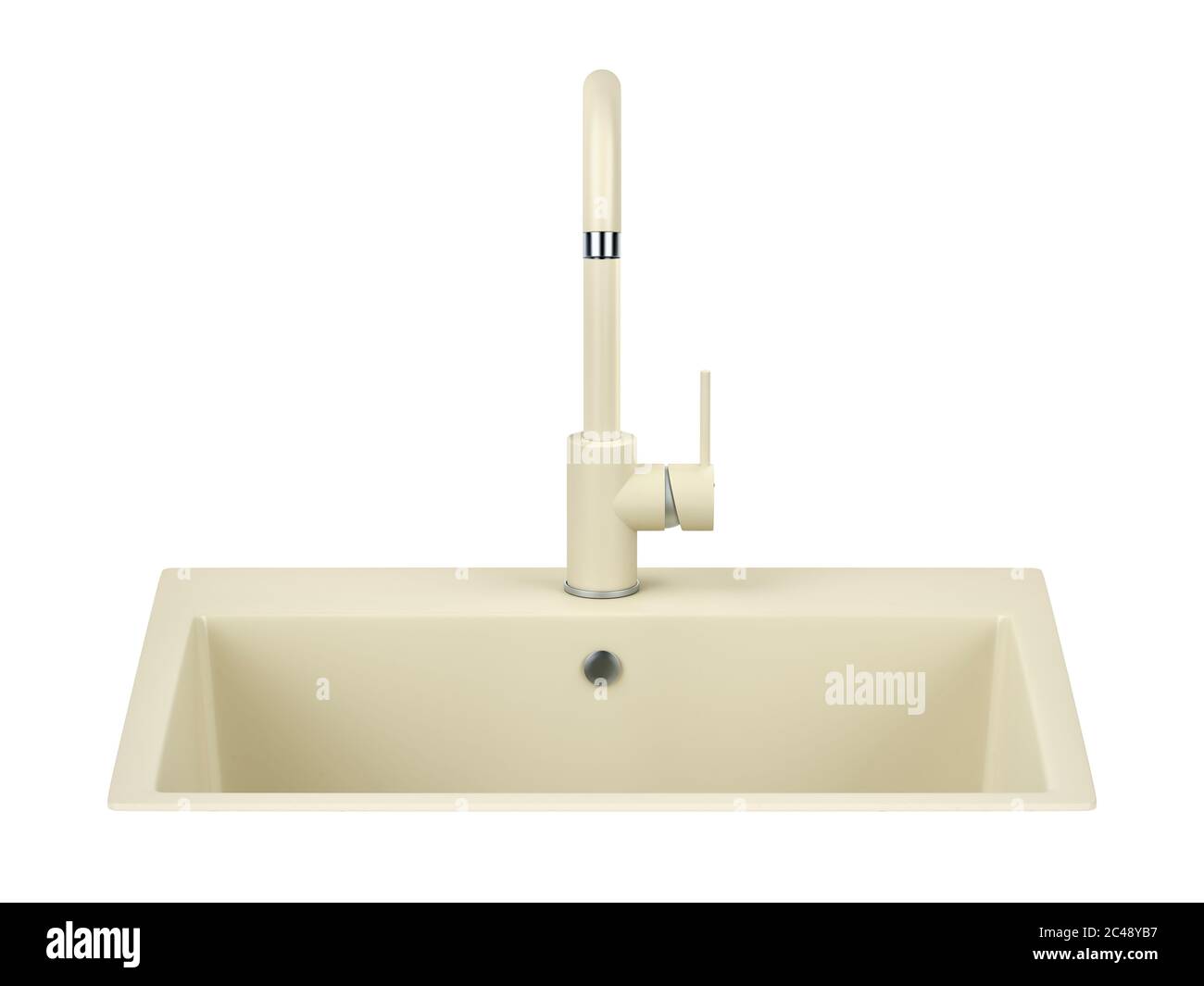Beige kitchen sink and faucet isolated on white background, front view ...