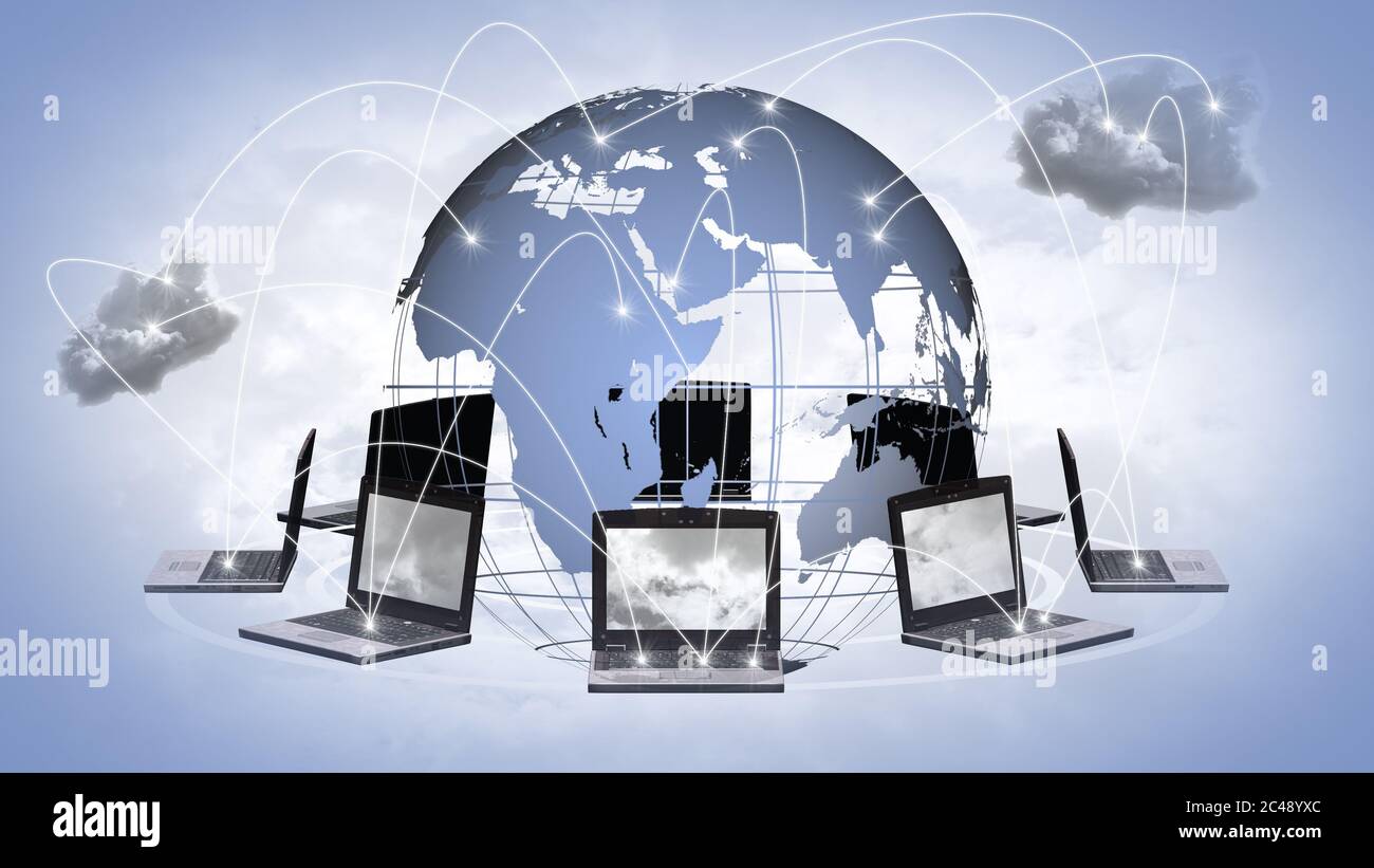 Business communication concept - connected laptops - world wide network ...
