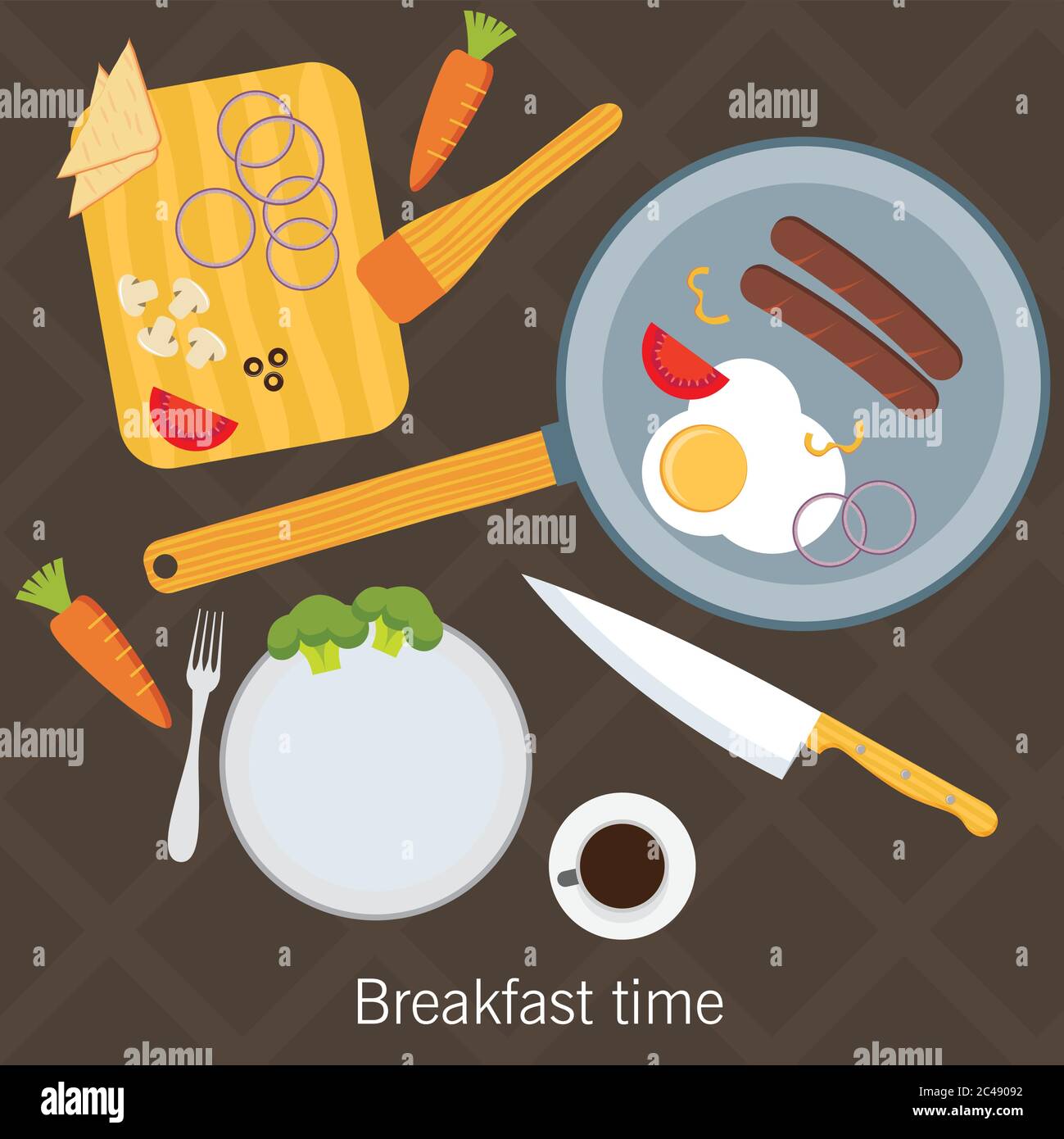 Breakfast time. Fried eggs making process, preparing food. Flat design ...