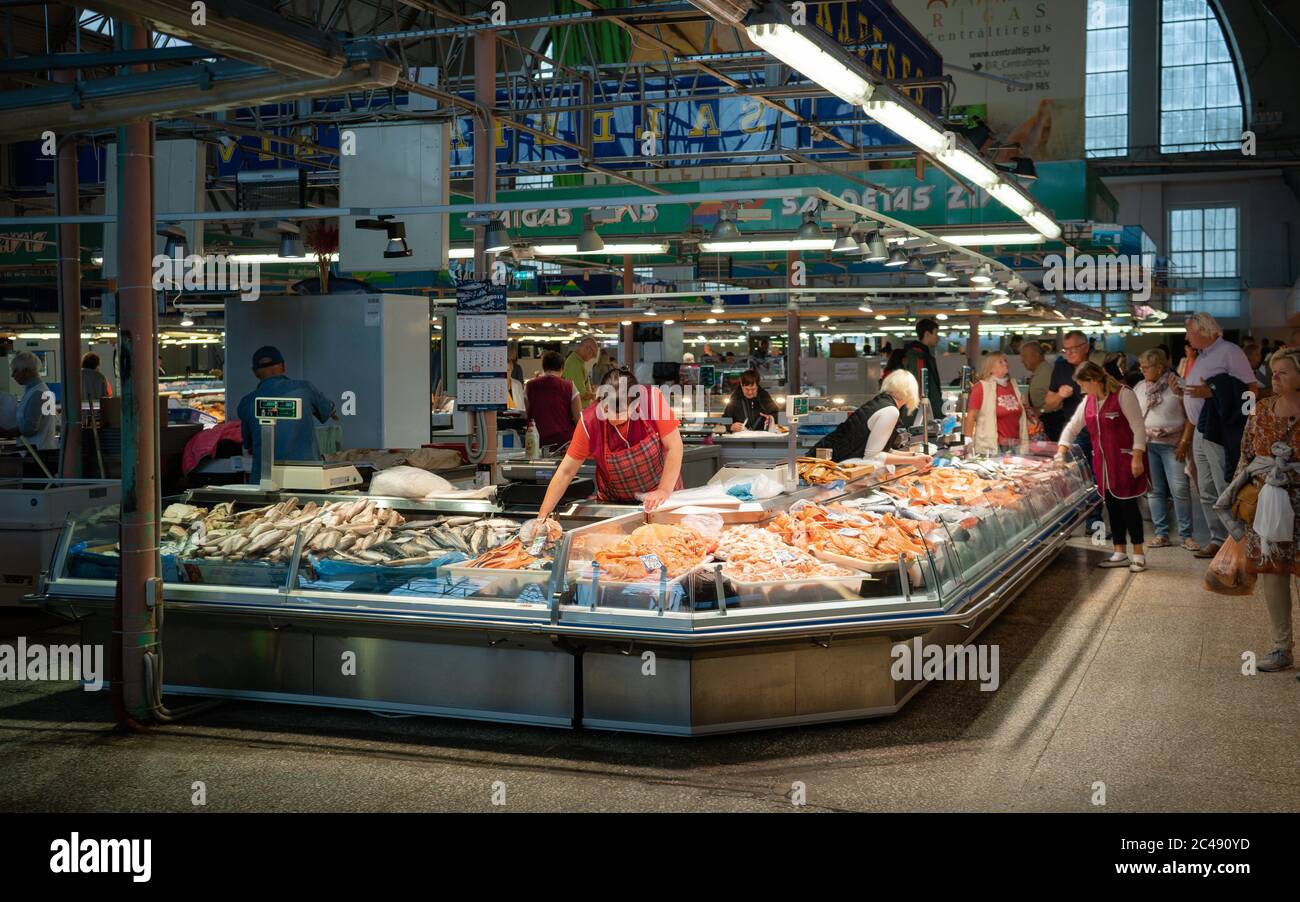 RIGA, LATVIA - JUNE 27, 2019: Fish in the central market. The market ...