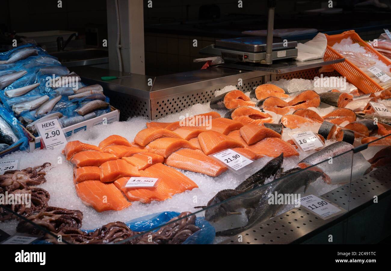 RIGA, LATVIA - JUNE 27, 2019: Fish in the central market. The market ...