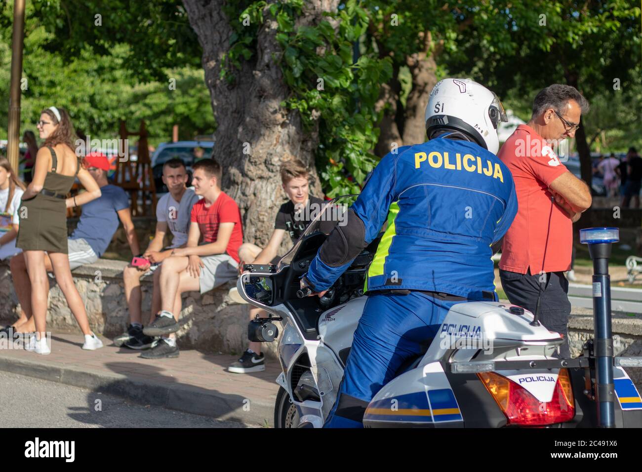 Skradin Croatia June 2020 Rear view of a Croatian police officer on a ...