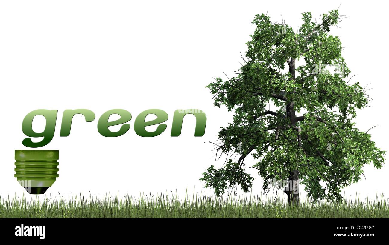 Lettering - green - text and tree in front on a white background ...